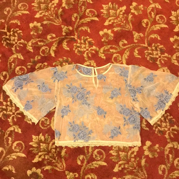 Tops | Pretty Blue Flower Mesh Top | Poshmark